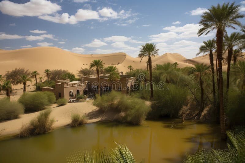 Oasis Surrounded by Towering Dunes and Desert Landscape Stock Photo ...