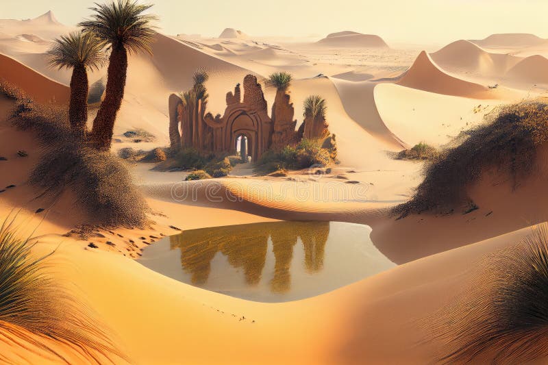 Oasis Surrounded by Towering Dunes, with Rolling Waves of Sand Stock ...