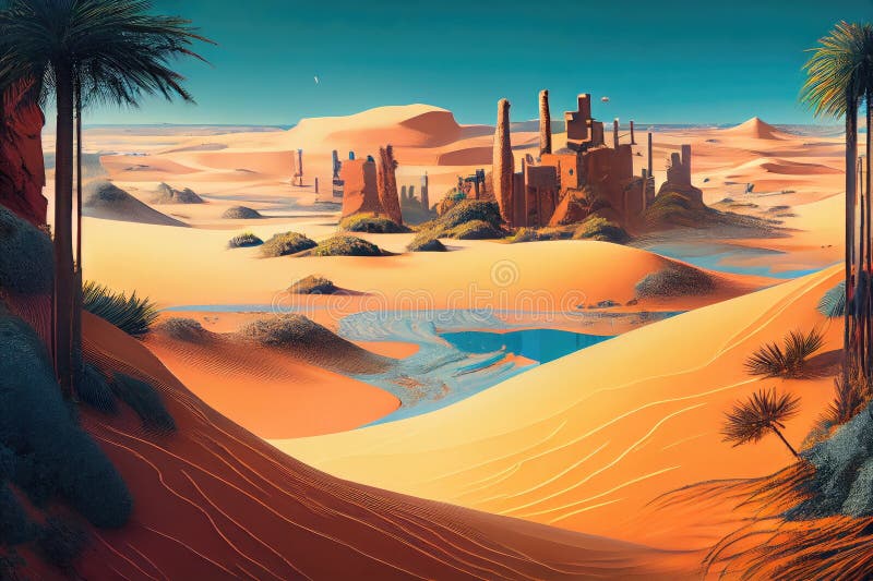 Oasis Surrounded by Towering Dunes, with Rolling Waves of Sand Stock ...
