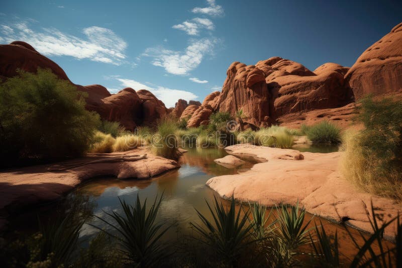 Oasis Surrounded by Towering Red Rock Formations and Clear Blue Sky ...