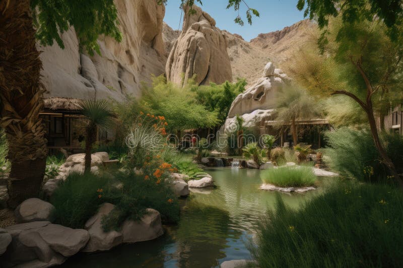 Oasis Surrounded by Towering Rock Formations and Lush Greenery Stock ...