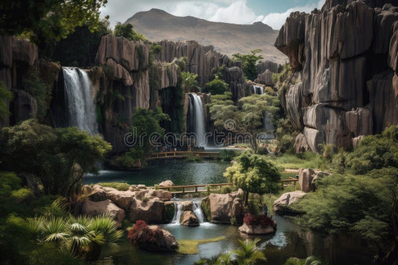 Oasis Surrounded by Towering Rock Formations and Rushing Waterfalls ...