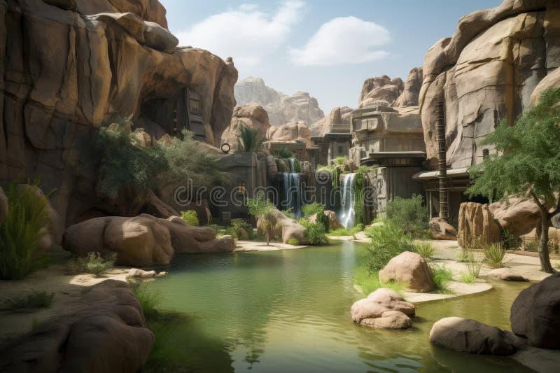 Oasis with Rushing Waterfall Surrounded by Lush Greenery Stock Photo ...