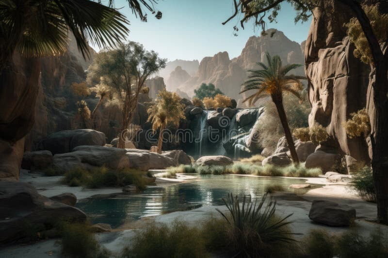 Oasis Surrounded by Towering Rock Formations and Rushing Waterfalls ...