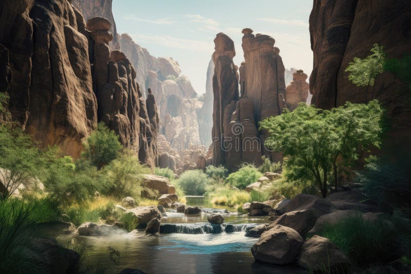 Oasis Surrounded by Towering Rock Formations and Rushing Waterfalls ...