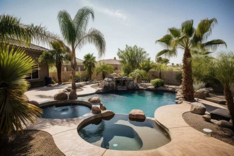 Oasis With Swimming Pool And Hot Tub Surrounded By Palm Trees And