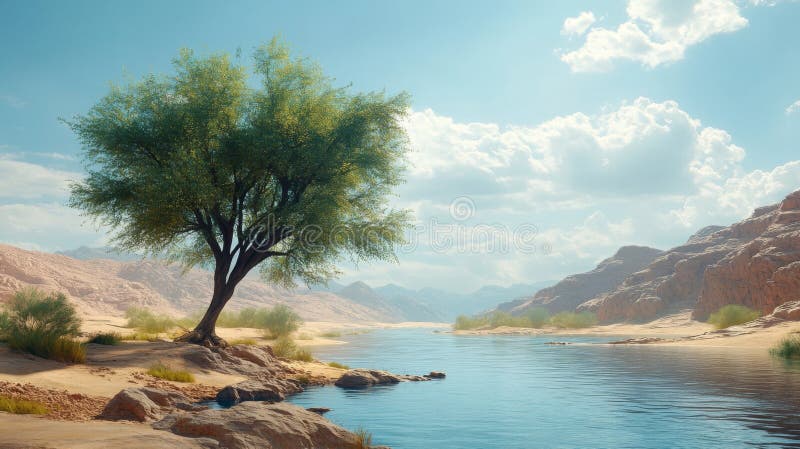 Oasis Tree beside Desert River and Mountains Stock Illustration ...