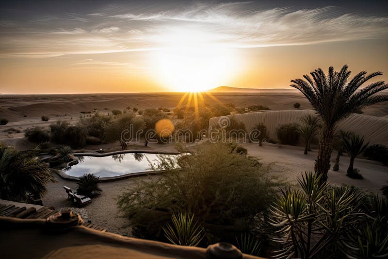 Oasis with View of Distant Desert Dunes and the Sun Setting Behind Them ...