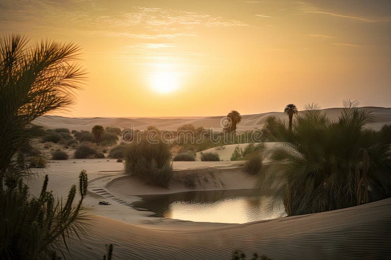 Oasis with View of Distant Desert Dunes and the Sun Setting Behind Them ...