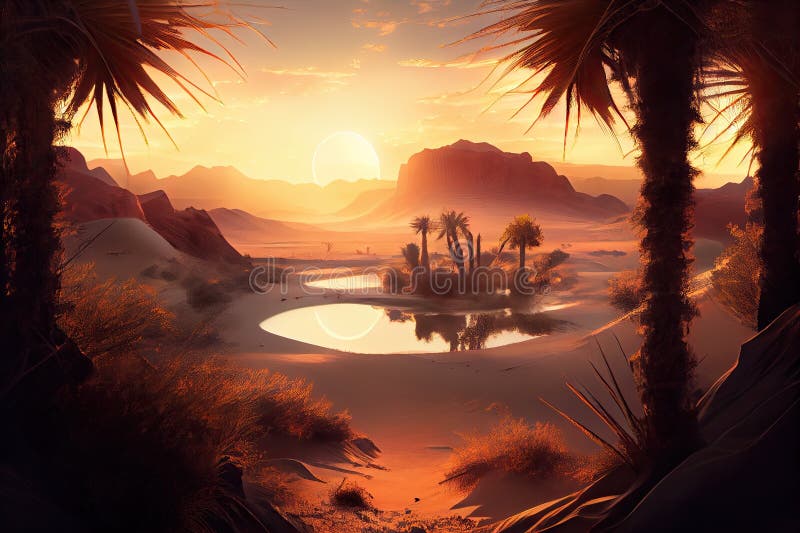 Oasis with View of a Distant Sunset, Surrounded by Dunes and Mountains ...