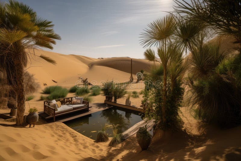 Oasis with View of the Dunes and the Hot Desert Sun Stock Illustration ...