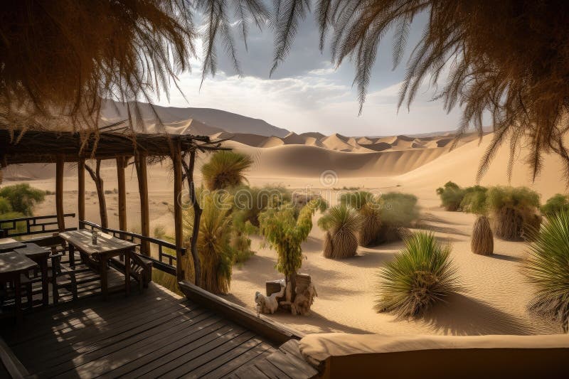 Oasis with View of the Dunes and the Hot Desert Sun Stock Illustration ...