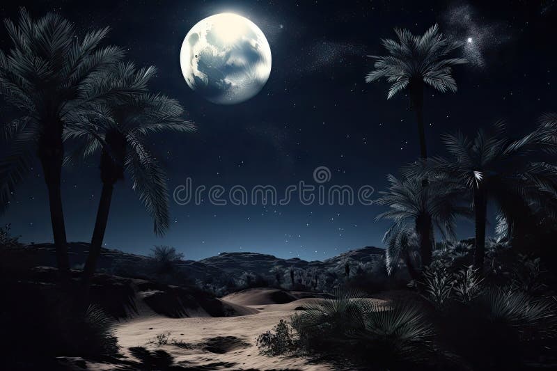 Oasis with View of the Stars and Moon in a Starry Night Sky Stock ...