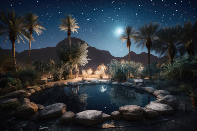 Oasis with View of the Stars and Moon in a Starry Night Sky Stock ...