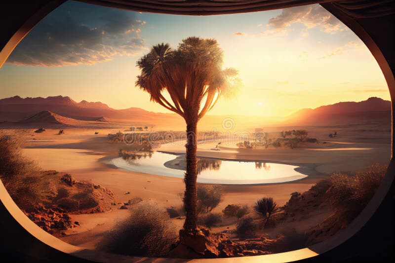 Oasis, with View of the Sun Setting Over Desert Landscape, Bringing ... Oasis, with View of the Sun Setting Over Desert Landscape, Bringing ...