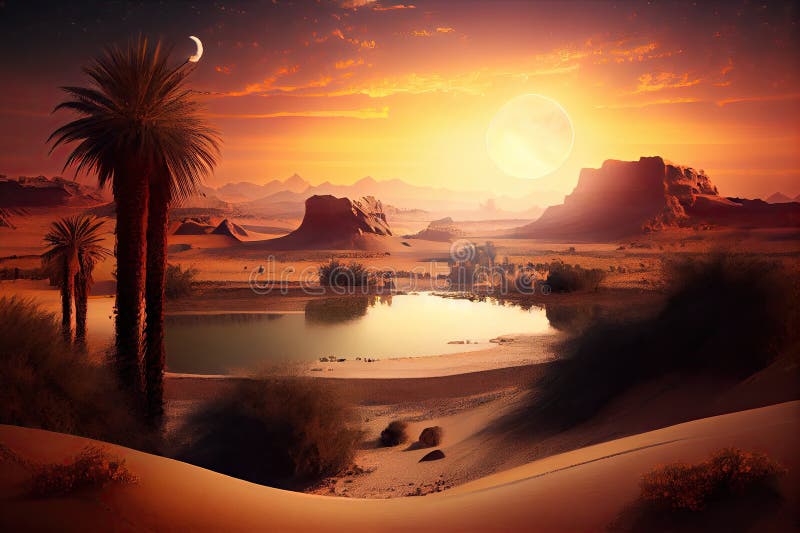 Oasis, with View of the Sun Setting Over Desert Landscape, Bringing ...