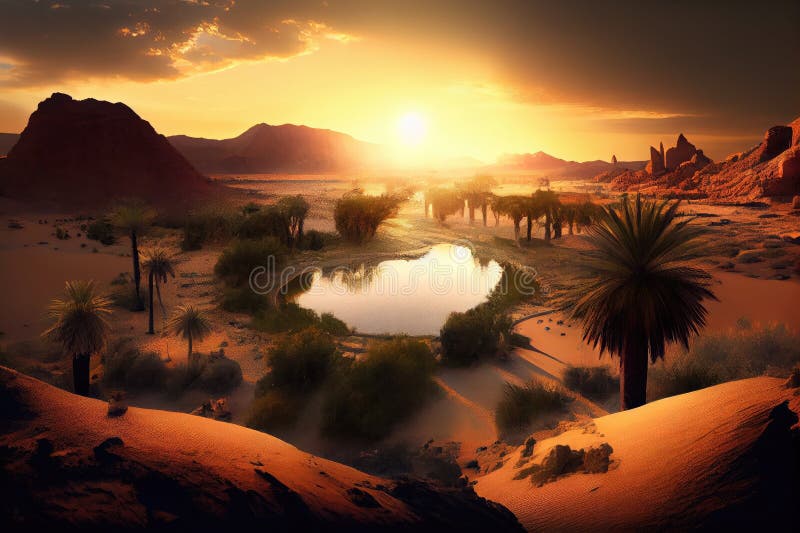 Oasis, with View of the Sun Setting Over Desert Landscape, Bringing ... Oasis, with View of the Sun Setting Over Desert Landscape, Bringing ...