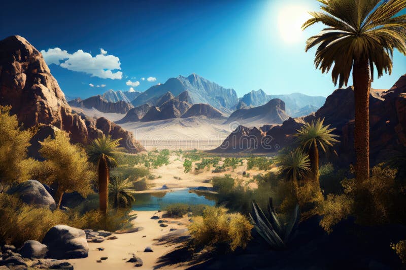 Oasis, with View of Towering Mountain Range and Blue Sky in the ...