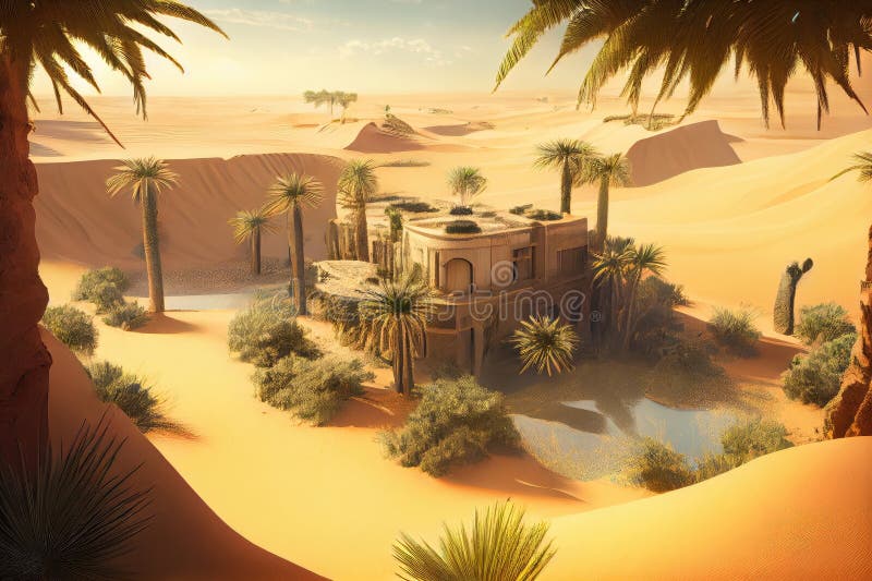 Oasis with View of Towering Sand Dunes, Surrounded by Endless Desert ...