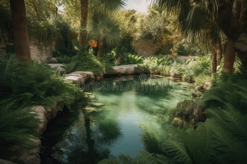 Oasis, with Water Flowing from the Spring and into a Pool, Surrounded ...