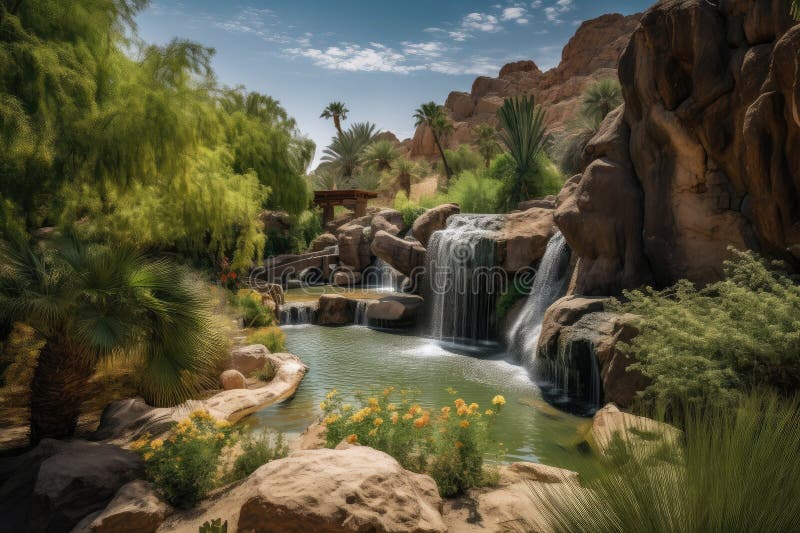 Oasis with Waterfall and Flowing Stream, Surrounded by Desert Landscape ...