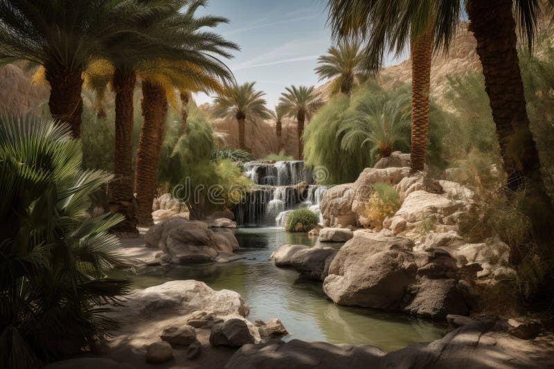 Oasis with Waterfall and Flowing Stream, Surrounded by Desert Landscape ...