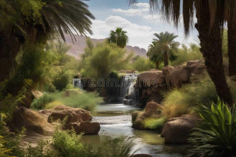 Oasis with Waterfall and Flowing Stream, Surrounded by Desert Landscape ...