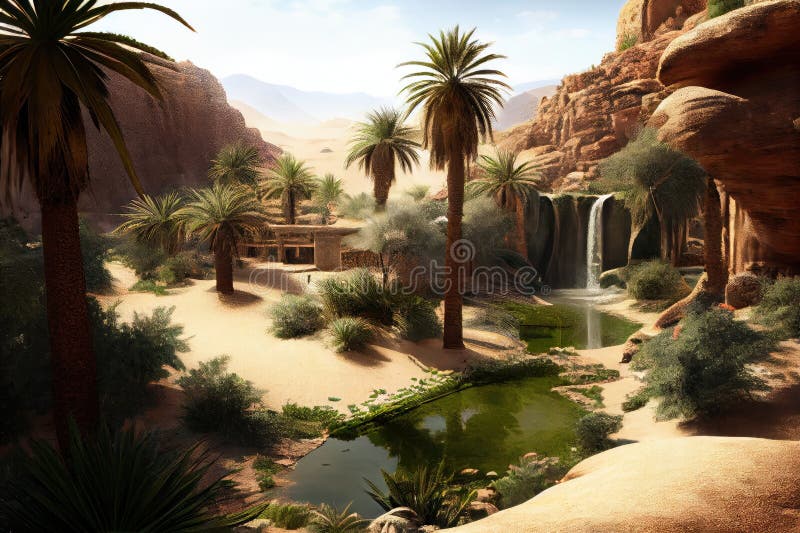 Oasis, with Waterfall and Greenery, Surrounded by Desert Stock ...