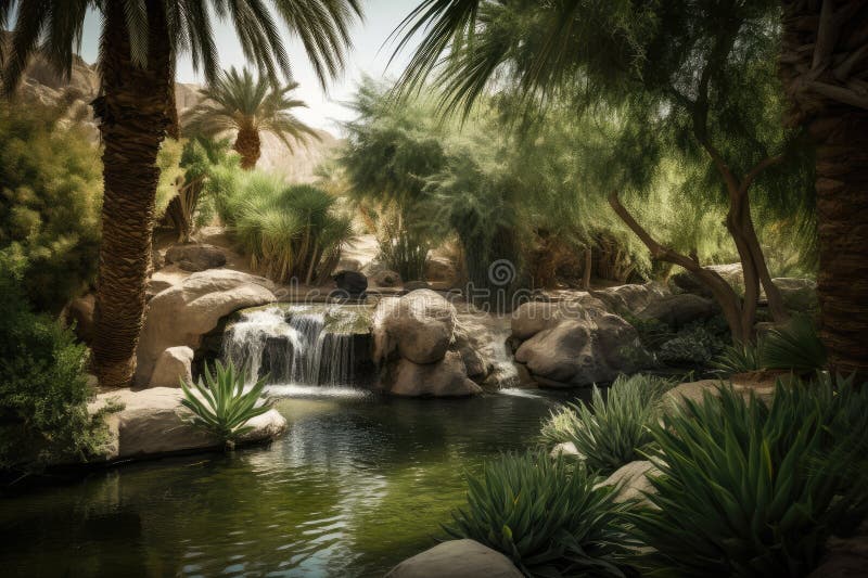 Oasis with Waterfall and Lush Greenery in the Desert Stock Illustration ...