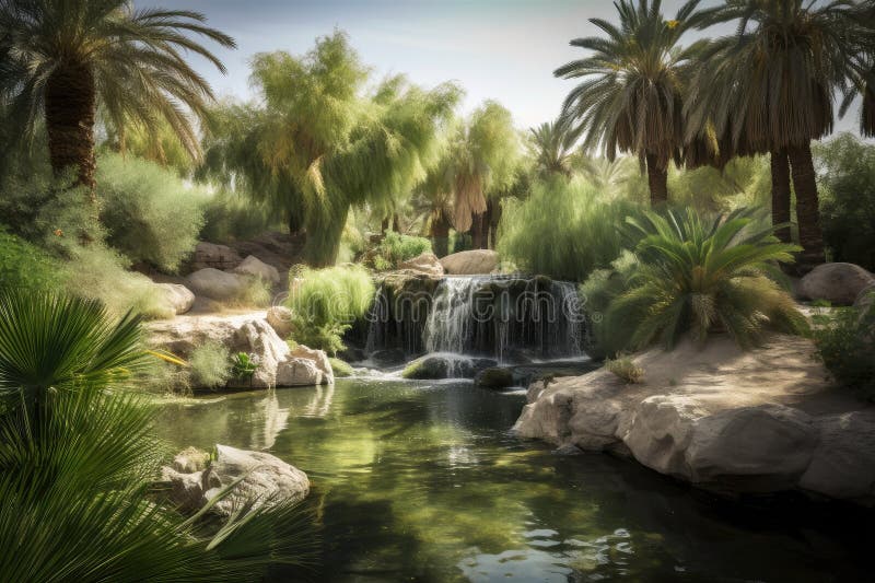Oasis with Waterfall and Lush Greenery in the Desert Stock Image ...