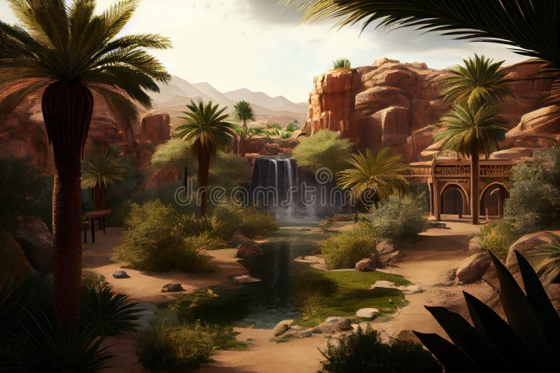 Oasis with Waterfall and Lush Greenery, Surrounded by Desert Stock ...