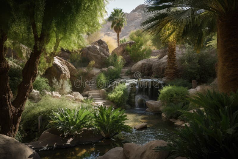 Oasis with Waterfall and Lush Greenery, Surrounded by Desert Stock ...