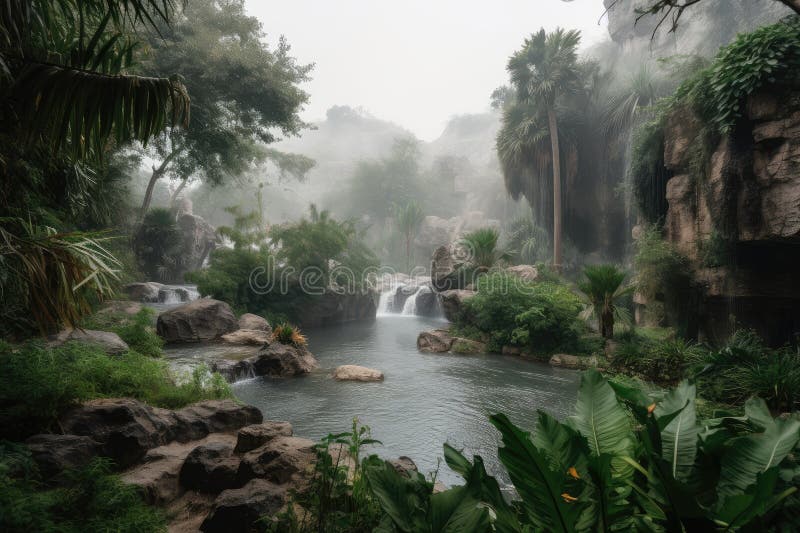 Oasis with Waterfall and Mist, Surrounded by Greenery Stock Image ...