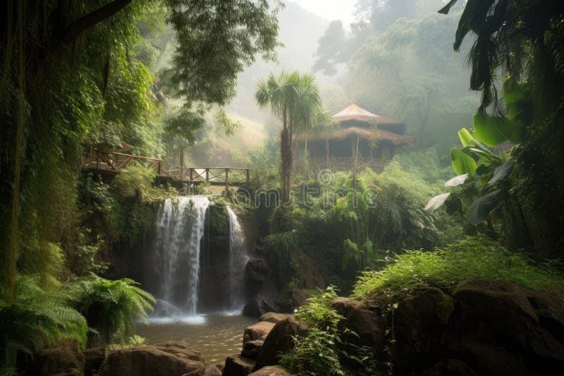 Oasis with Waterfall and Mist, Surrounded by Greenery Stock Image ...