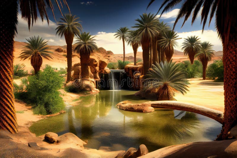 Oasis with Waterfall and Palm Trees, Surrounded by Desert Stock ...