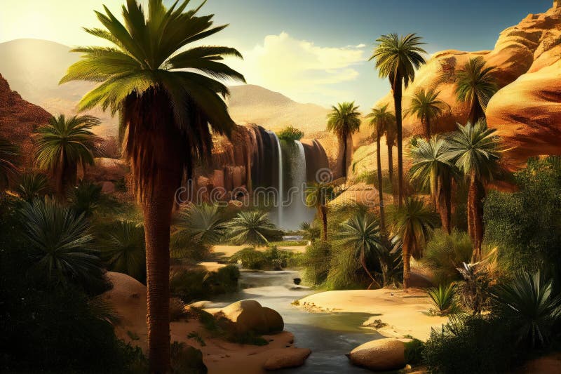 Oasis with Waterfall and Palm Trees, Surrounded by Desert Stock ...
