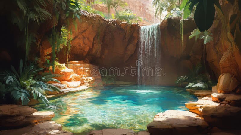 Oasis Waterfall Secret Hidden Canyon Paradise Stock Illustration ...