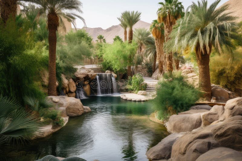 Oasis with Waterfall, Surrounded by Lush Greenery and Desert Stock ...