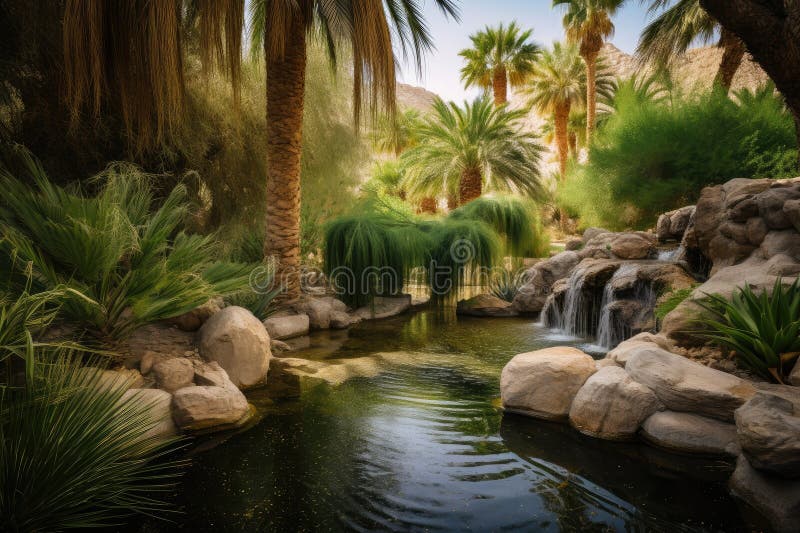 Oasis with Waterfall, Surrounded by Lush Greenery and Desert Stock ...