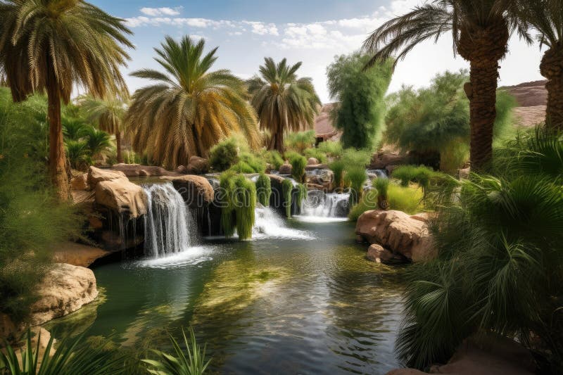 Oasis with Waterfalls and Greenery in the Middle of Desert Stock ...