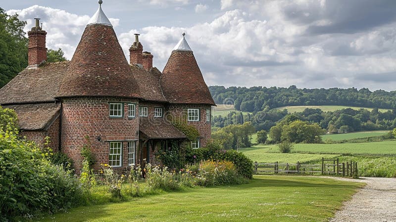 English Oast House Exterior in Kent Stock Illustration - Illustration ...