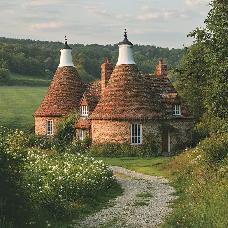 English Oast House Exterior in Kent Stock Illustration - Illustration ...