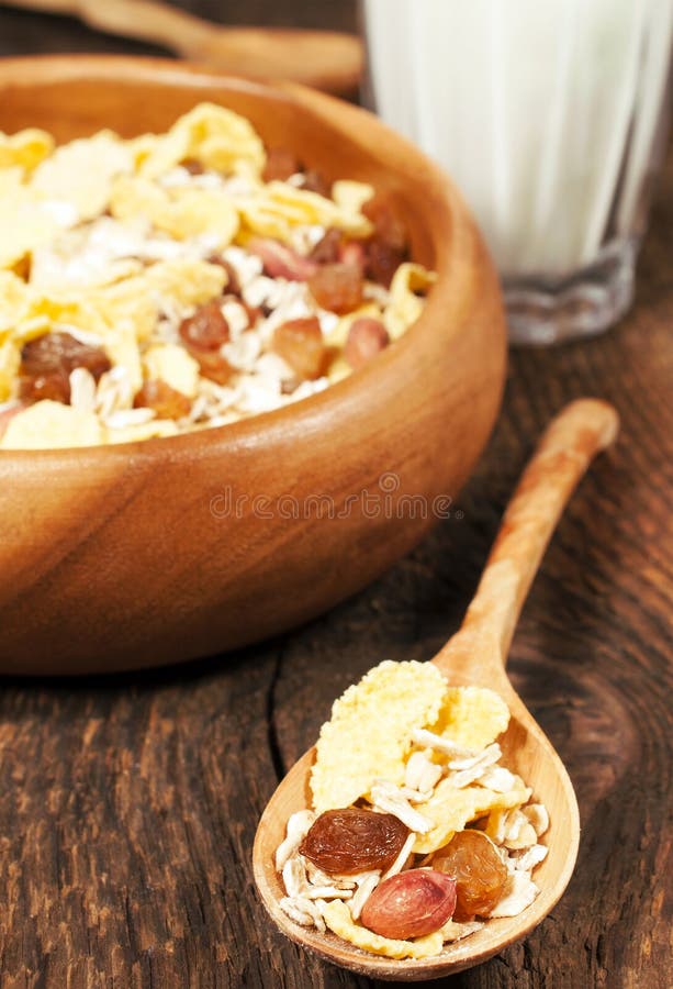 Oat and Corn Cereal with Raisins and Peanuts Stock Photo - Image of ...