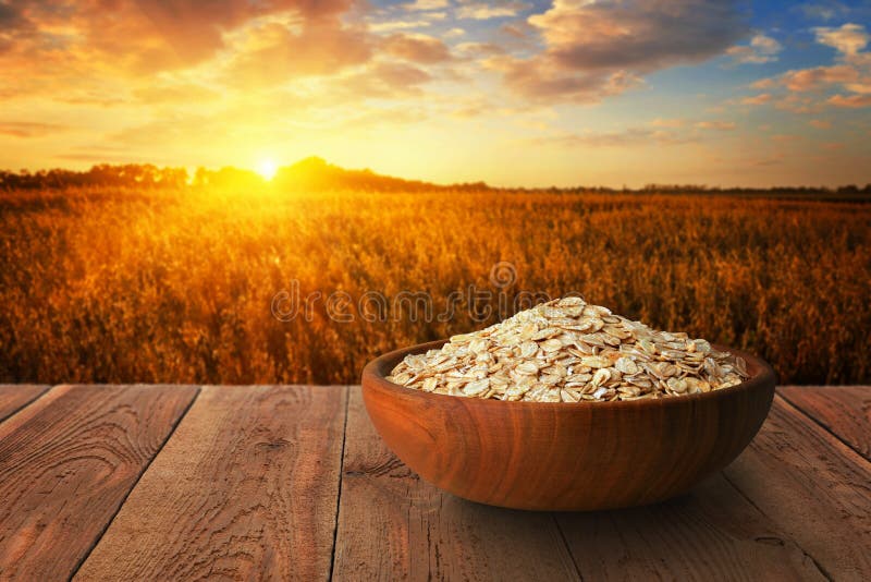 Oat Flakes in Bowl on Table with Ripe Cereal Field on Sunset As ...