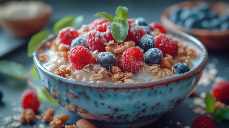 Oatmeal with Berries and Nuts in a Plate Stock Illustration ...