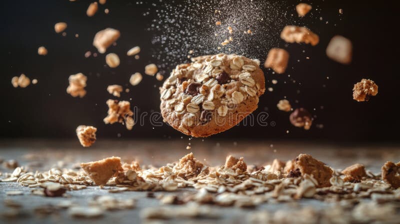Oatmeal Chocolate Chip Cookie in Air with Crumbs Stock Illustration ...