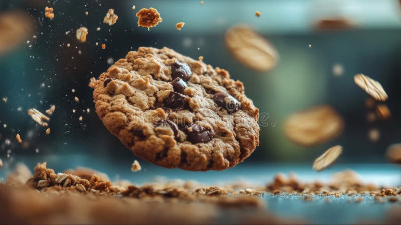 Oatmeal Chocolate Chip Cookie in Air with Crumbs Stock Illustration ...