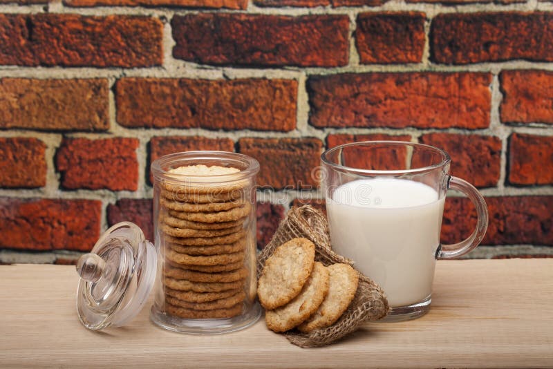 Oatmeal Cookies with Milk on the Oak Table Stock Photo - Image of ...
