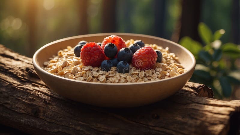 Oatmeal Dish Placed upon Log within Sunlit Forest. Stock Illustration ...