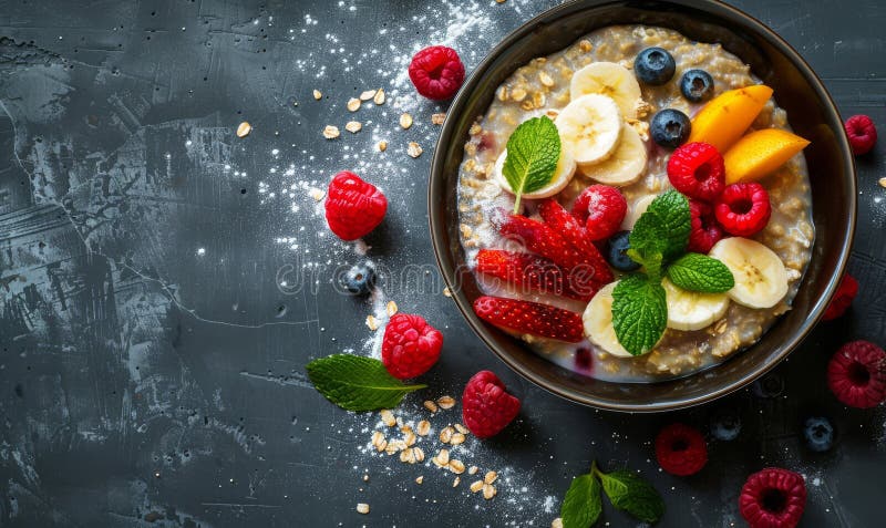 Oatmeal with Fruits on Styled Dark Rustic Background. Healthy Breakfast ...